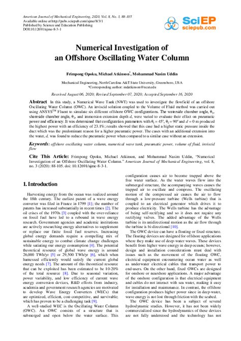 Pdf Numerical Investigation Of An Offshore Oscillating Water Column