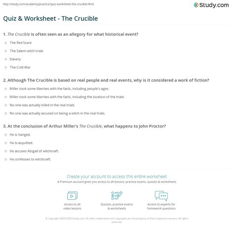 Quiz And Worksheet The Crucible