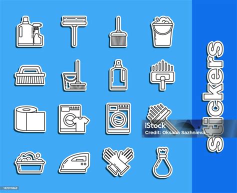 세트 라인 쓰레기 봉투 스퀴지 스크레이퍼 와이퍼 진공 청소기 손잡이 빗자루 걸레 양동이 청소용 브러시 플라스틱 병 액체 식기 세척 액상 및 아이콘 벡터 T 셔츠에 대한 스톡