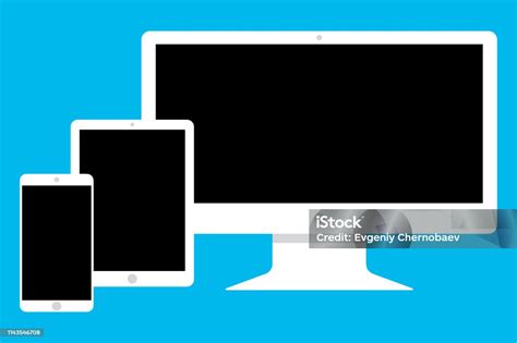 흰색 Destop 컴퓨터 태블릿 및 스마트 폰 파란색 배경에 검은 화면으로 설정 합니다 스마트폰 태블릿 및 데스크톱 컴퓨터 Eps 0명에 대한 스톡 벡터 아트 및 기타