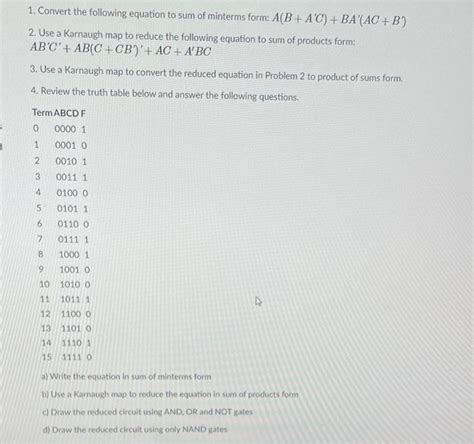 Solved 1 Convert The Following Equation To Sum Of Minterms