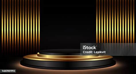 배경에 세로 금색 줄무늬가 있는 현대적인 검은색과 금색 원통형 연단 최소한의 무대가 있는 스튜디오 룸 3차원 형태에 대한 스톡 벡터 아트 및 기타 이미지 Istock