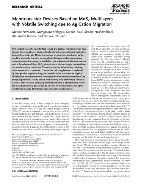 Pdf Memtransistor Devices Based On Mos 2 Multilayers With Volatile Switching Due To Ag Cation