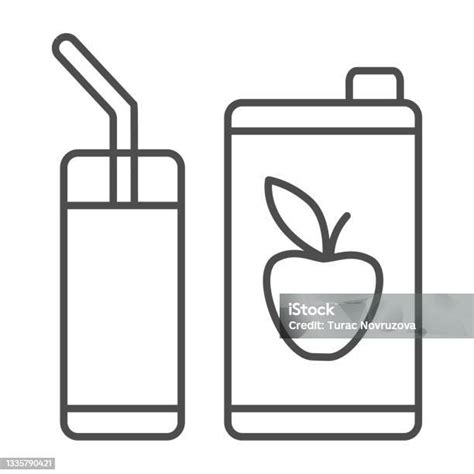 상자에 애플 주스 주스와 짚 얇은 라인 아이콘 음료 개념 흰색 배경에 청량 음료 벡터 기호 모바일 개념 및 웹 디자인을위한 윤곽 스타일 아이콘 벡터 그래픽 0명에 대한 스톡