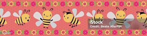 산호와 노란색 벌집 배경에 귀여운 만화 꿀벌과 꽃 국경 디자인 원활한 벡터 패턴 어린이 아기 정원 유치원 학교 제품 문구류 포장에 적합합니다 0명에 대한 스톡 벡터 아트 및
