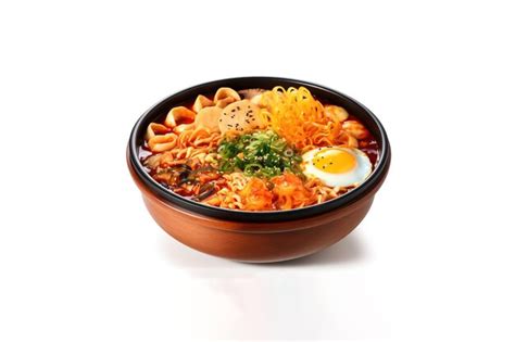 떡볶이를 곁들인 한국 인스턴트 국수와 흰색 배경에 격리된 한국식 매운맛에 햇볕이 잘 드는 쪽 프리미엄 사진