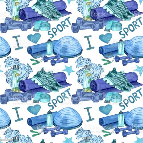 흰색에 체육관 스포츠 또는 피트니스 물건의 수채화 원활한 패턴 인사말 선물 종이 또는 카드 만들기에 딱 맞는 스포츠 요소와 배경을 반복합니다 저는 스포츠를 좋아합니다 개념에