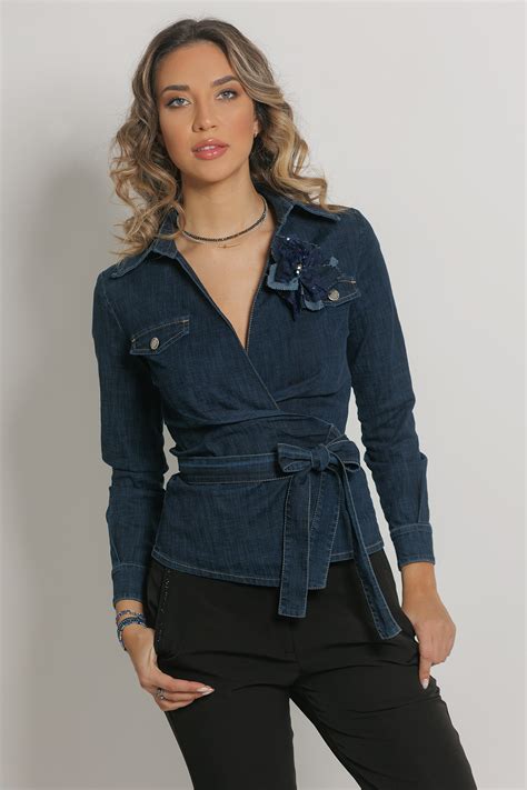 Дамска дънкова риза с брошка Ephos България Онлайн магазин за