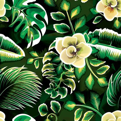 Green Tropical Plants Leaves Seamless Pattern With Abstract Texture On