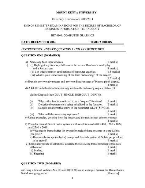 Bit 4101 Computer Graphics Exams Mount Kenya University University Examinations 2013 End Of