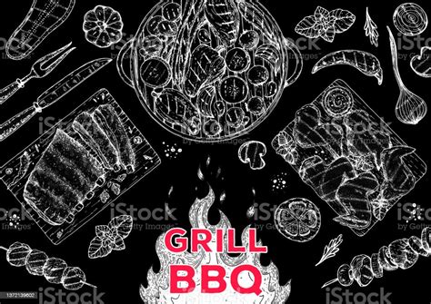 바베큐 그릴 음식 스케치 메뉴 디자인 템플릿입니다 구운 고기와 야채 프레임 벡터 그림입니다 새겨진 디자인 손으로 그린 그림 갈비 음식에 대한 스톡 벡터 아트 및 기타 이미지