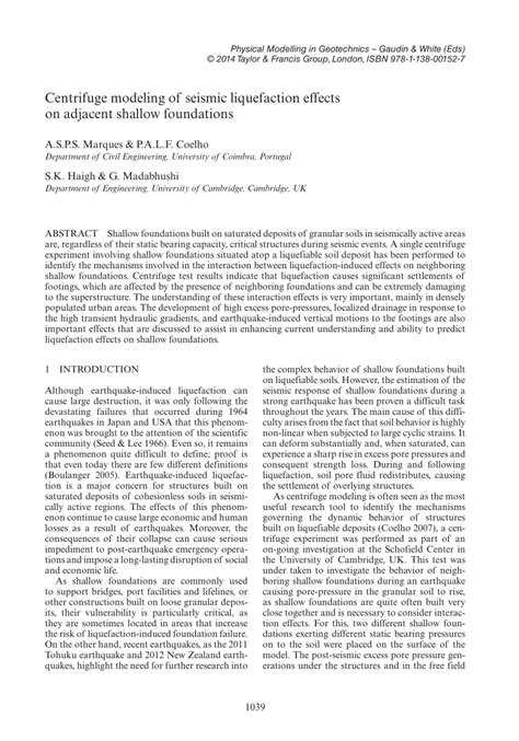 Pdf Centrifuge Modeling Of Seismic Liquefaction Effects On Adjacent Shallow Foundations