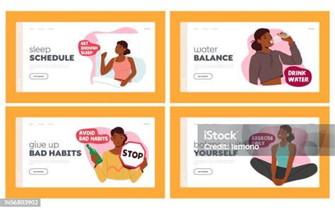 면역 랜딩 페이지 템플릿 세트를 강화하는 방법 여성 캐릭터 수면 요가 명상 매일 운동 음료 술 마실 것에 대한 스톡 벡터 아트 및 기타 이미지 Istock