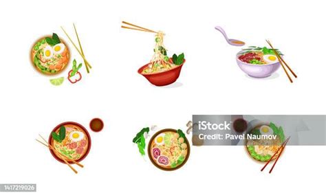 라면국수 세트 깊은 그릇에 담긴 달걀 고기 야채를 곁들인 전통 일본 수프 벡터 일러스트레이션 라면 국수에 대한 스톡 벡터 아트 및 기타 이미지 Istock