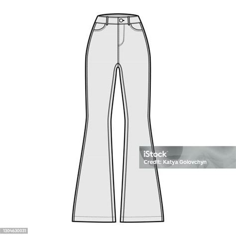 청바지 플레어 하단 데님 팬츠 테크니컬 패션 일러스트러 전체 길이 일반 허리 하이 라이즈 5 포켓 0명에 대한 스톡 벡터 아트 및 기타 이미지 Istock