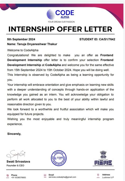 Tanuja Thakur On Linkedin Newchapter Codealpha Careergrowth Gratitude