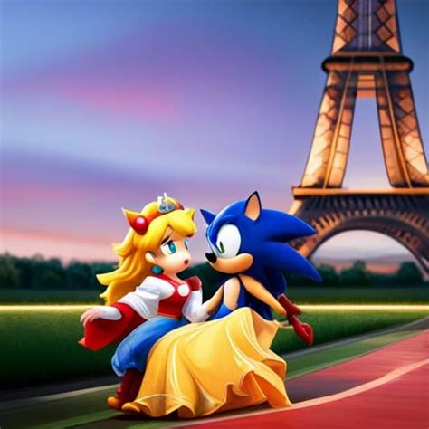 Princess Peach On A Date With Sonic The Hedgehog In Front Of The Eiffel