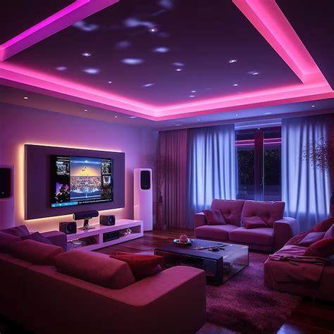 Sala De Cine En Casa Con Iluminación Led De Colores Foto Premium