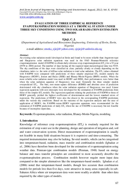Pdf Evaluation Of Three Empirical Reference Evapotranspiration Models At A Tropical Station