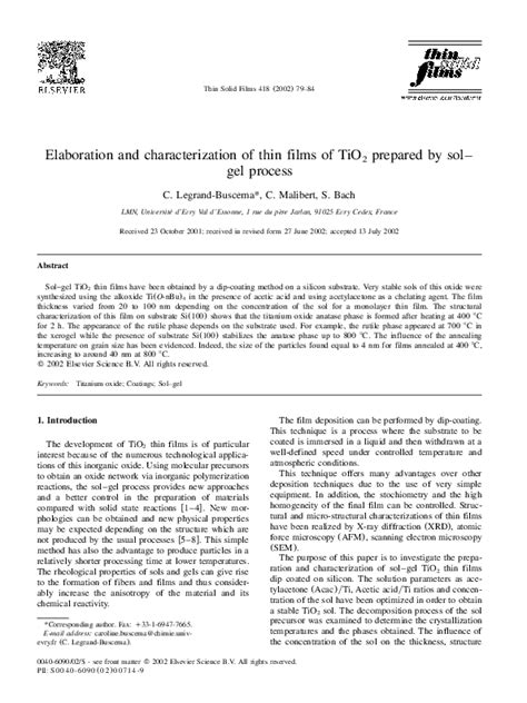 Pdf Elaboration And Characterization Of Thin Films Of Tio2 Prepared By Solgel Process