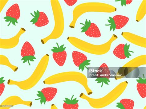 바나나와 딸기를 곁들인 매끄러운 패턴 열대 여름 과일 패턴입니다 직물 종이 및 배너에 인쇄하기 위한 디자인 벡터 그림 개념에