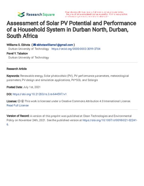 Pdf Assessment Of Solar Pv Potential And Performance Of A Household System In Durban North