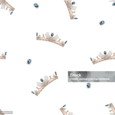 손으로 그린 그림이 있는 매끄러운 패턴 수채화 보석 사파이어 에메랄드가 있는 왕실 금 왕관 코라네이션 왕 여왕 이음매 없는 패턴 엽서 직물을 위한 삽화 갈란드 장식품에 대한