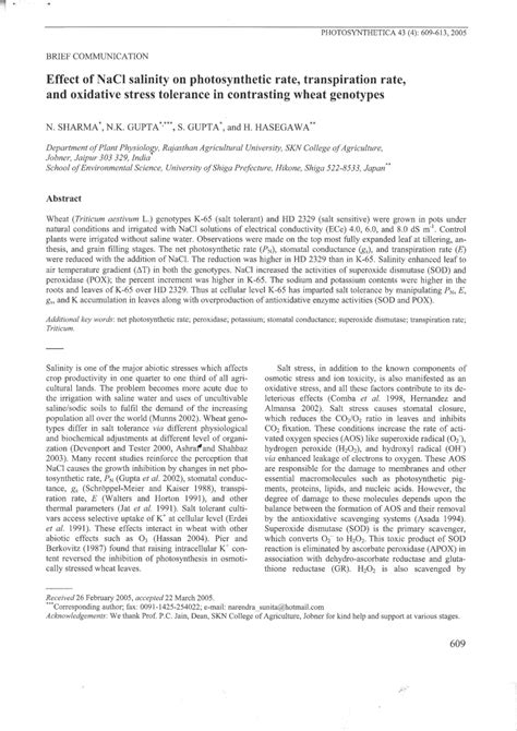 Pdf Effect Of Nacl Salinity On Photosynthetic Rate Transpiration Rate And Oxidative Stress