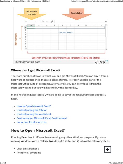 Introduction To Microsoft Excel 101 Notes About Ms Excel Pdf