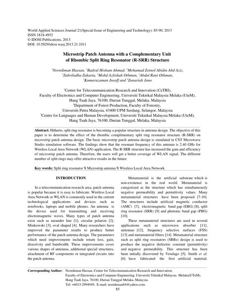 Pdf Microstrip Patch Antenna With Complementary Unit Of Rhombic Split Ring Resonator R Srr