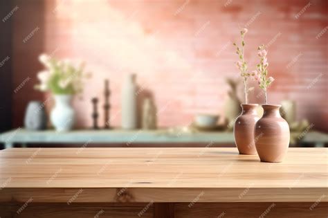미적 꽃병에 식물이 있는 빈 나무 테이블은 아늑한 실내 배경 생성 Ai를 흐리게 합니다 프리미엄 사진