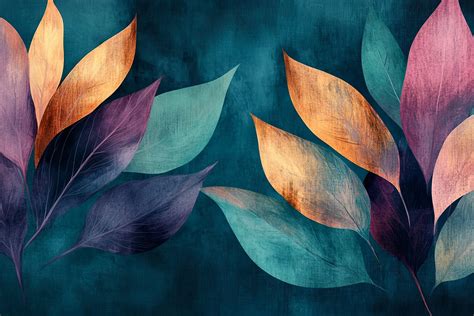 무료 사진 짙은 청록색 배경에 양식화된 다채로운 잎이 있는 꽃무늬