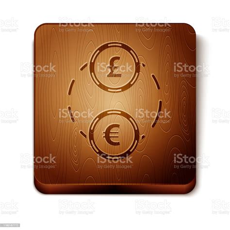 흰색 배경에 고립 된 갈색 환전 아이콘입니다 유로 와 파운드 스털링 현금 전송 기호입니다 은행 통화 기호입니다 나무 사각형 버튼입니다 벡터 일러스트레이션 개념에 대한 스톡