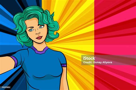 팝 아트 유니콘 컬러 머리 스타일으로 소녀입니다 젊은 팬 소녀는 루마니아의 국기 하기 전에 Selfie 벡터 스포츠 일러스트 복고 만화 스타일 경쟁에 대한 스톡 벡터 아트