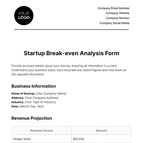 Startup Break Even Analysis Form Template Edit Online And Download