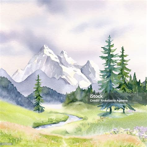 눈 덮인 봉우리 강 숲 전나무 꽃밭 구름이 있는 하늘이 있는 산 풍경 수채화 그림 수채화로 손으로 그린 그림 인쇄 및 카드 디자인을 위한 템플릿 0명에 대한 스톡 벡터 아트
