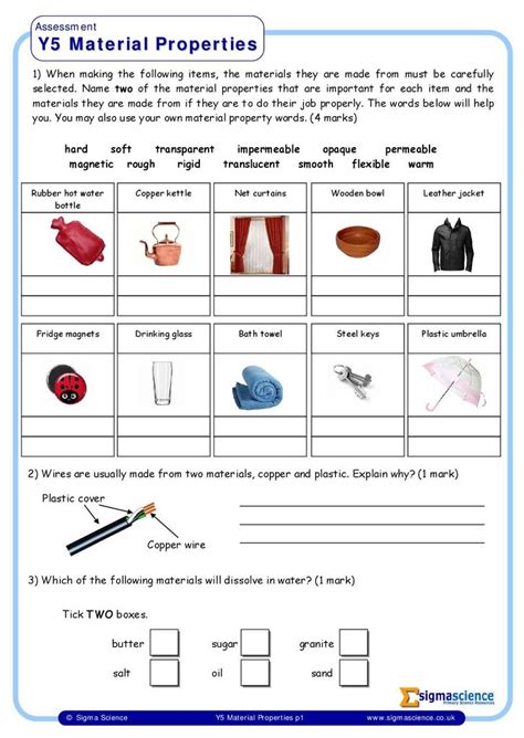 Properties Of Material Worksheet Grade 1