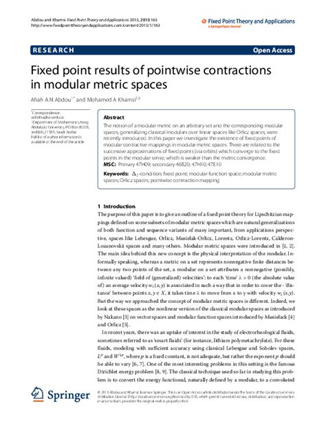 Pdf Fixed Point Results Of Pointwise Contractions In Modular Metric Spaces Mohamed Khamsi