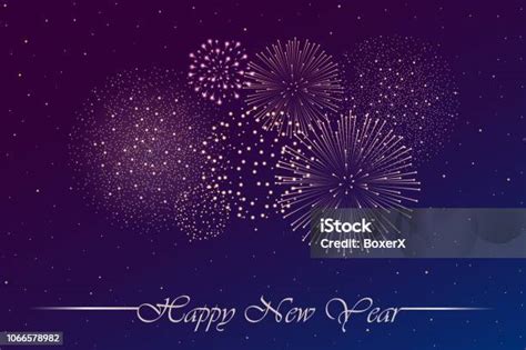 파란색과 보라색 밤 하늘 배경에 불꽃 쇼 새 해 개념입니다 축 하 또는 초대 카드 배경입니다 벡터 일러스트 레이 션 2019년에 대한 스톡 벡터 아트 및 기타 이미지