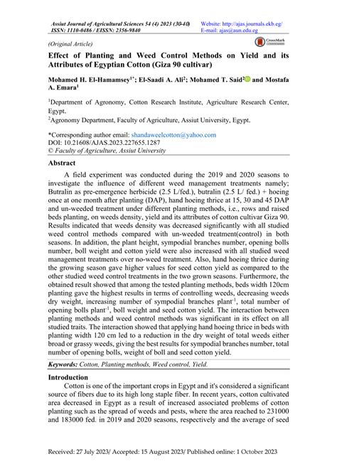 Pdf Effect Of Planting And Weed Control Methods On Yield And Its Attributes Of Egyptian Cotton