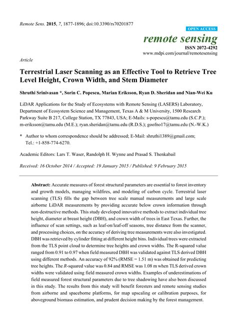 Pdf Terrestrial Laser Scanning As An Effective Tool To Retrieve Tree Level Height Crown Width