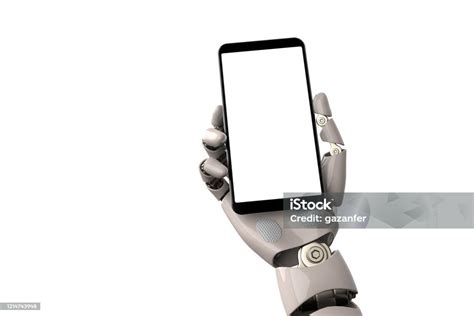 클리핑 경로 모형 템플릿 스톡 사진과 함께 배경에 격리 된 빈 흰색 화면이있는 스마트 폰을 들고있는 3d 렌더링 로봇 손 산업용 로봇팔에 대한 스톡 사진 및 기타 이미지