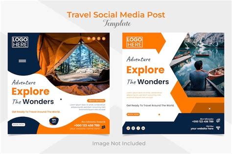 여행 및 여행 소셜 미디어 포스트 페이스북 및 인스타그램 포스트 배너 템플릿 디자인 세트 탐색 프리미엄 벡터
