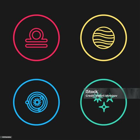 세트 라인 태양계 떨어지는 별 행성 목성 및 천칭 자리 조디악 아이콘 벡터 검은색에 대한 스톡 벡터 아트 및 기타 이미지 검은색 과학 구 Istock