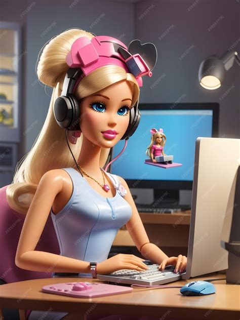 Premium Ai Image A Cartoon Of A Barbie Sitting At A Computer With A Mouse On Her Head