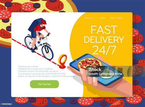 이성질체 빠른 배달 개념입니다 배달 사람 또는 사이클 가정에 레스토랑에서 뜨거운 음식 배달 도시 거리를 자전거에 속도 스마트폰으로 주문 하는 온라인 피자 아이소메트릭 3d