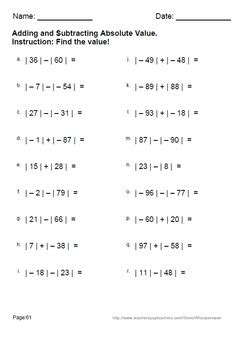 Absolute Value Worksheets Addition Subtraction