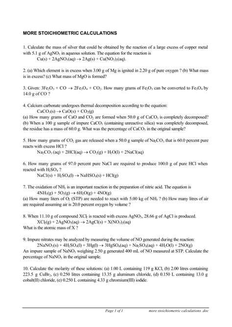 More Stoichiometric Calculations 1 Calculate The Mass Of