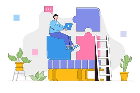 퍼즐 요소 개념을 연결하는 사람들 팀워크 협력 파트너십의 상징 개요 디자인 스타일 방문 페이지 웹 배너 인포그래픽 영웅 이미지에 대한 최소한의 벡터 그림 개념에 대한 스톡