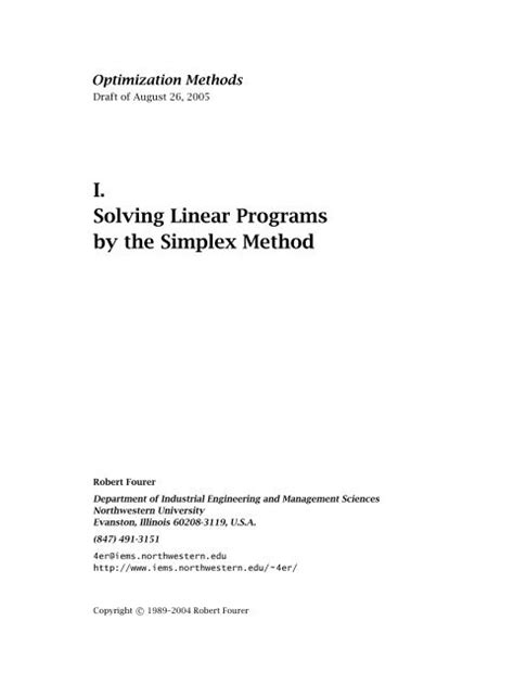I Solving Linear Programs By The Simplex Method Robert Fourer